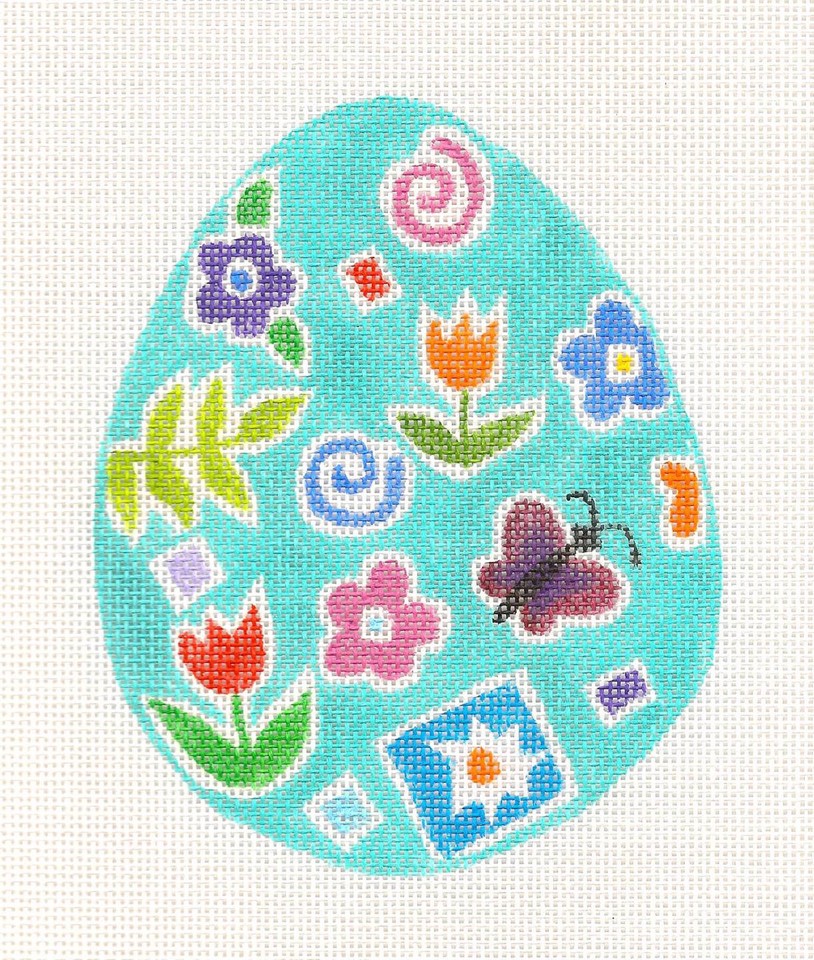 Teal Floral with Butterfly Easter Egg handpainted Needlepoint Canvas ...