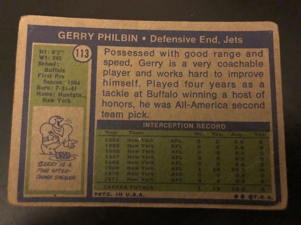 1972 Topps Jets Gerry Philbin Football Card #113 | eBay