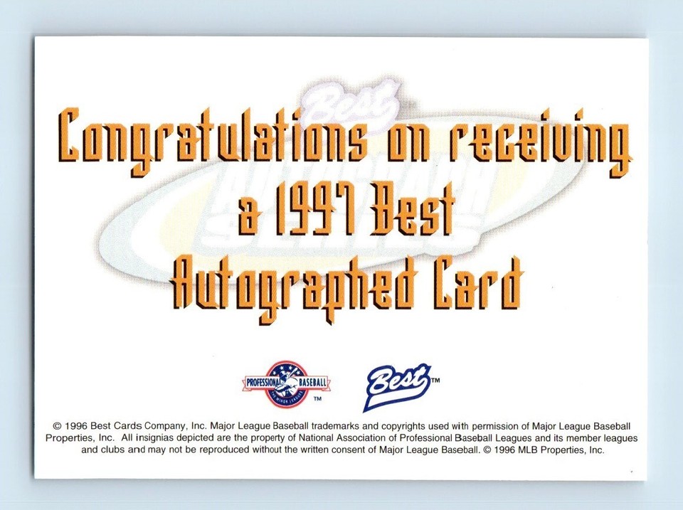 1997 Best Autographs Autograph Series Hugo Pivaral Auto Signed Baseball ...