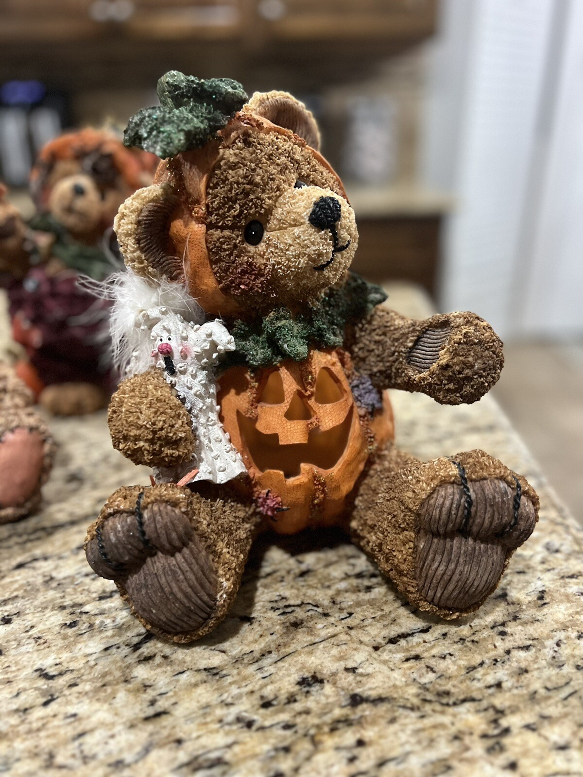 3pc Vintage 2000 Plaster Halloween Ghost Teddy Bears w Pumpkins 10.5 ...