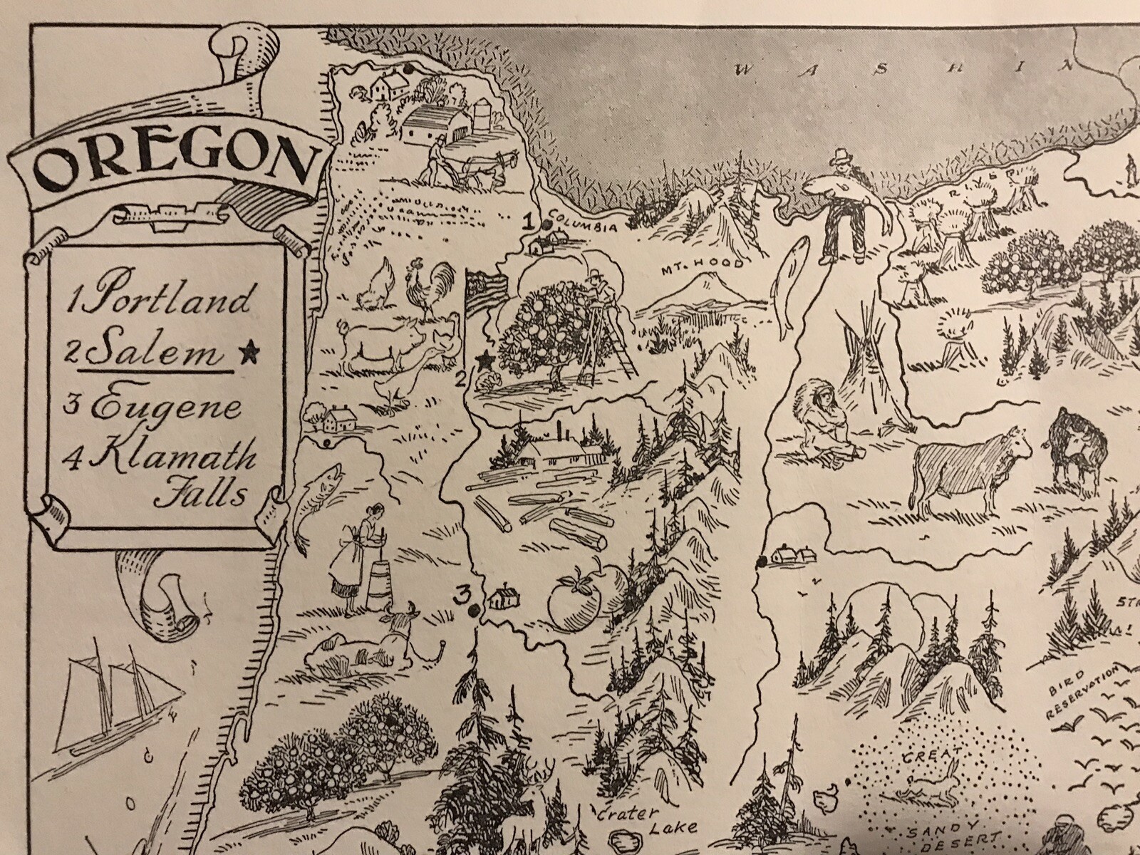 1950s OREGON CARTOON PICTORIAL MAP PORTLAND SALEM EUGENE CRATER LAKE | eBay
