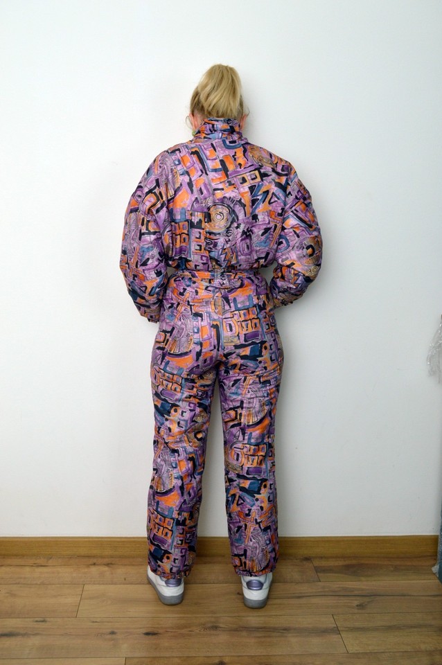 women's vintage 80s Ski Suit Snowsuit size D 36 Small crazy neon ...