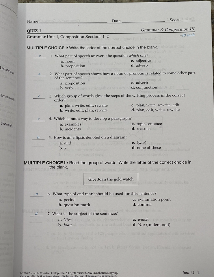 ABeka 9th Grade Grammar & Composition III STUDENT QUIZ/TESTS & Teacher ...