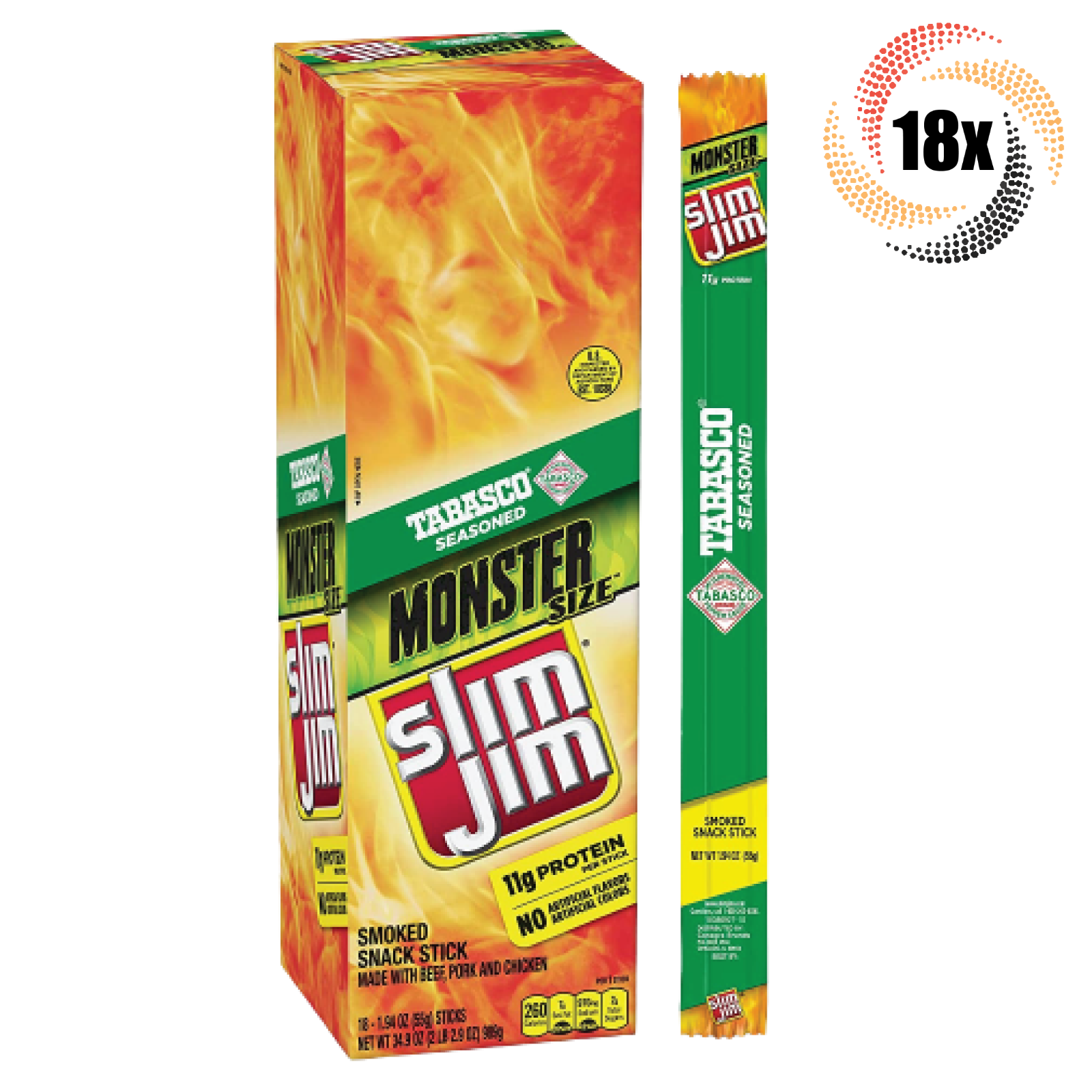 Full Box 18x Sticks Slim Jim Tabasco Seasoned Monster Size Snack Sticks ...