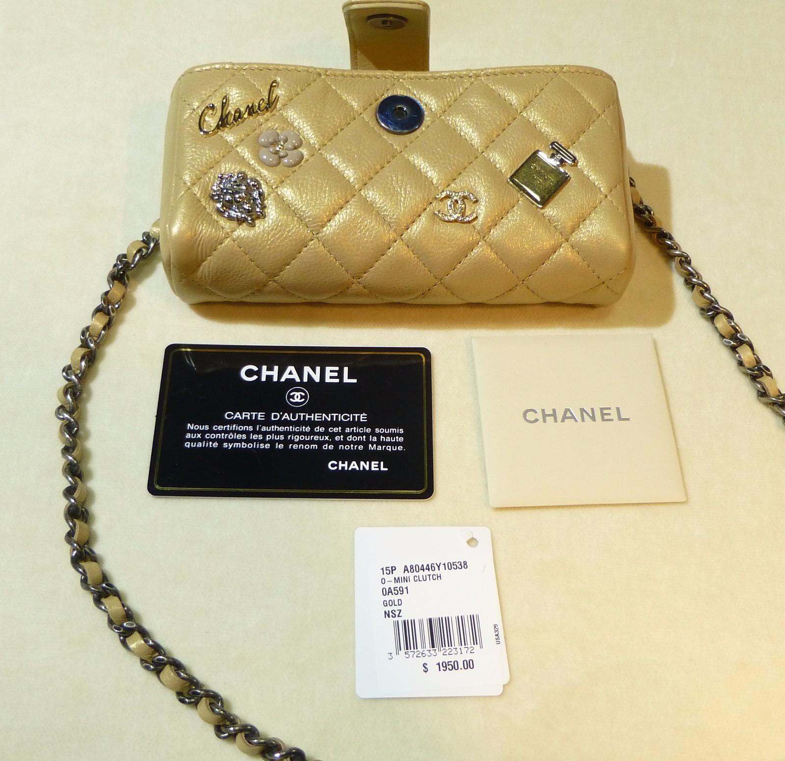 Chanel Mini Clutch Gold Iridescent Calfskin Perfume Charms 2015 No 5 ...
