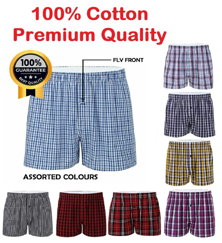 1-12Pack Premium 100%Cotton Mens Woven Boxer Shorts Underwear Button ...