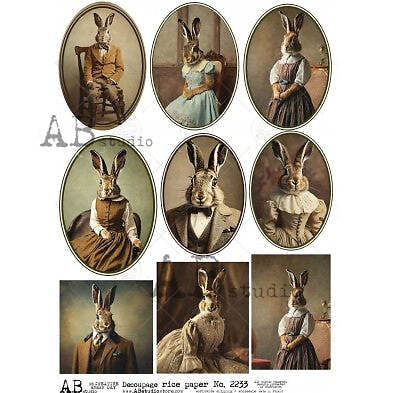 Vintage Rabbit Portraits | A4 Rice Paper | Paper for Decoupage | AB ...