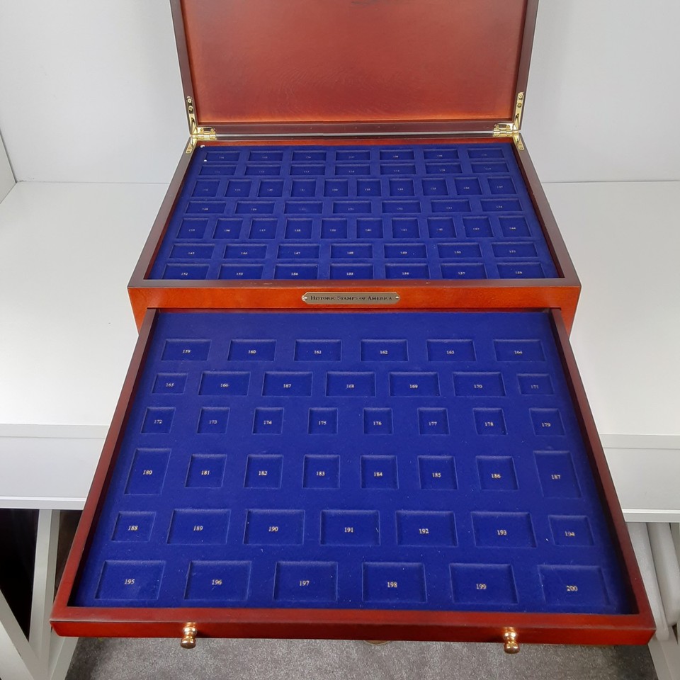 HISTORIC STAMPS OF AMERICA Cherry Wood Display Case Drawers Handles ...