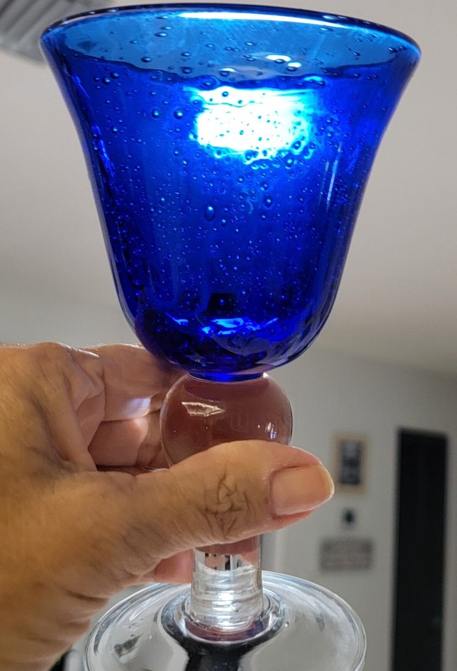 Hand Blown Glass Deep Cobalt Blue Goblets set of 3, Air Bubble Stemware ...