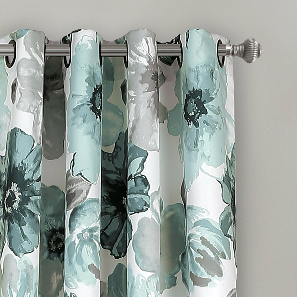 Set 2 Blue Gray Grey White Large Floral Curtains Panels Drapes 84 in L ...