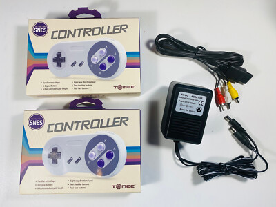 SNES Super Nintendo AC Adapter AV Cables & Two Tomee Controllers BRAND ...