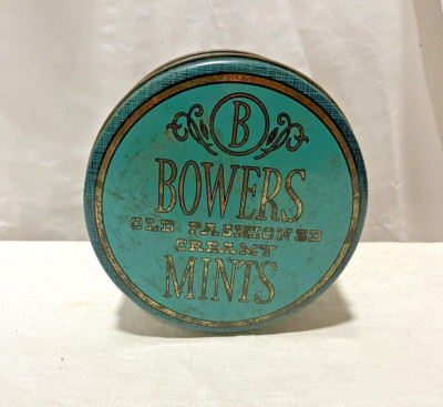 VINTAGE MID CENTURY BOWER'S OLD FASHIONED CREAM MINTS ROUND METAL CANDY ...