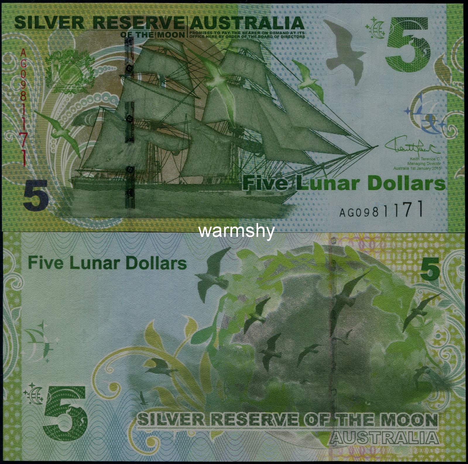 Silver Reserve of The Moon Australia 2015 Sailing Banknotes 5 Lunar ...