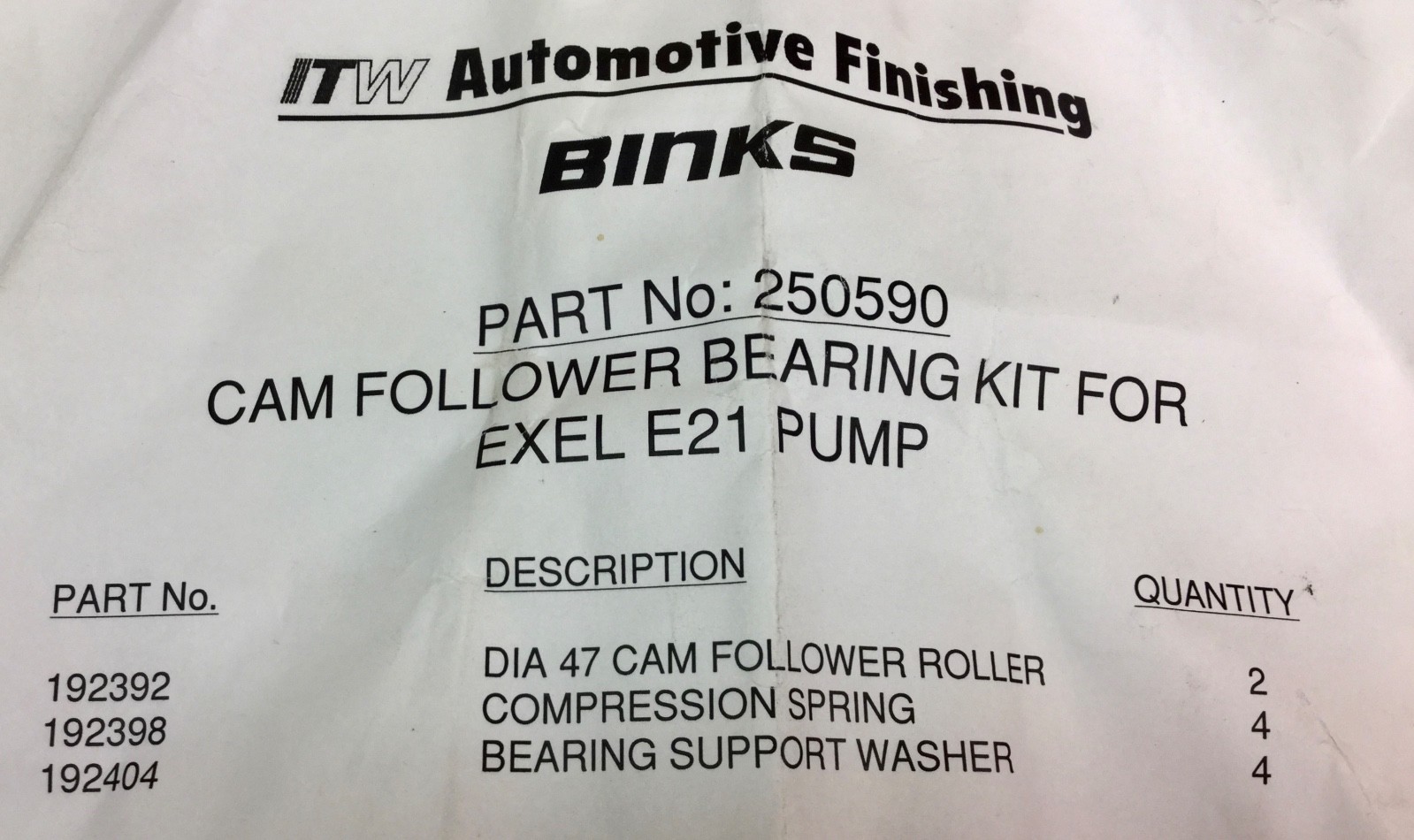 ITW BINKS 250590 CAM FOLLOWER BEARING KIT FOR EXEL SERIES E21 PUMP NEW ...