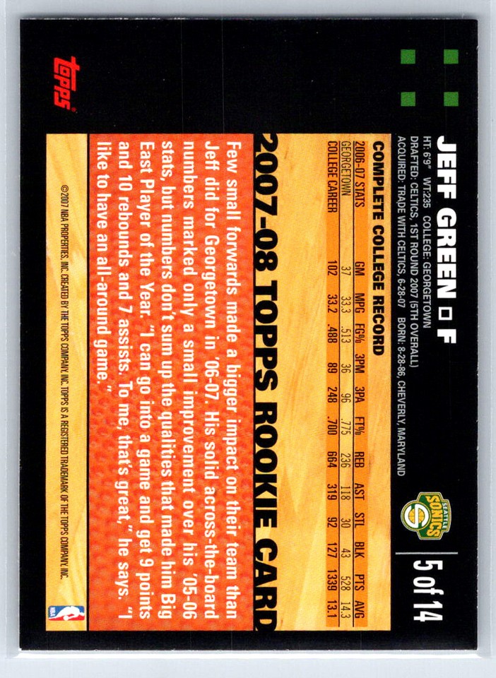 2007-08 Topps Jeff Green #5 RC Rookie Set Seattle Supersonics | eBay