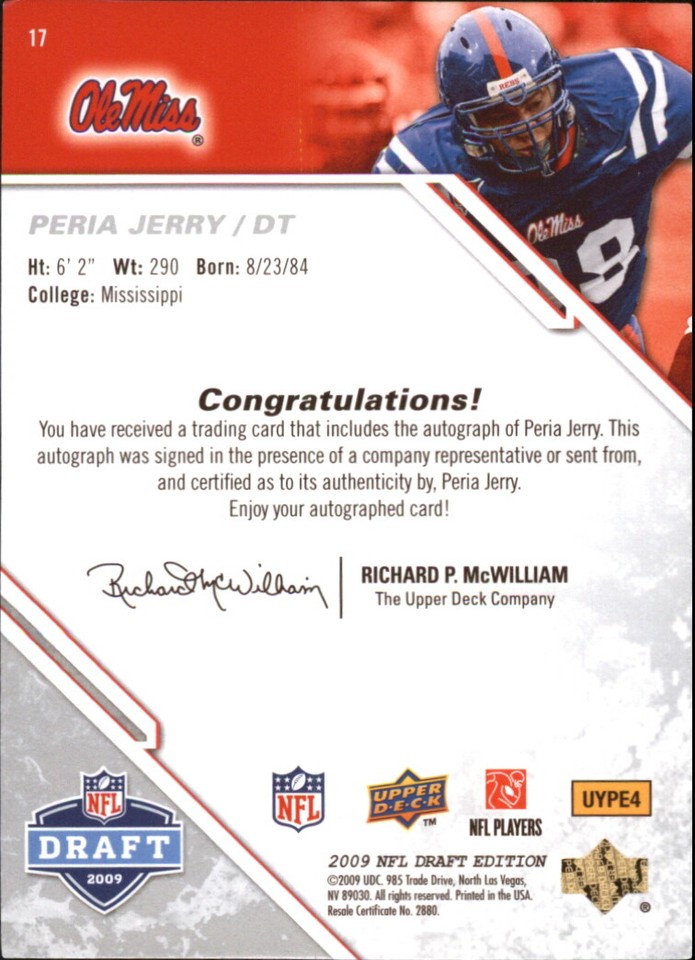 2009 Upper Deck Draft Edition Autographs Silver #17 Peria Jerry - NM-MT ...