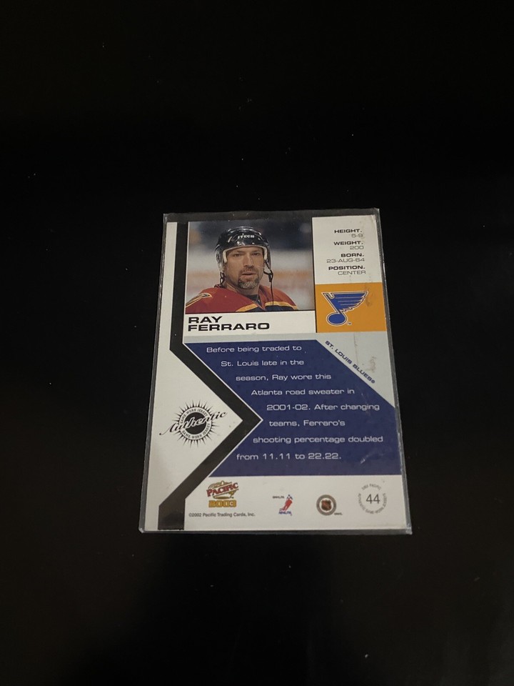 RAY FERRARO 2002-03 PACIFIC AUTHENTIC GAME JERSEY HOCKEY CARD BLUES PWE ...