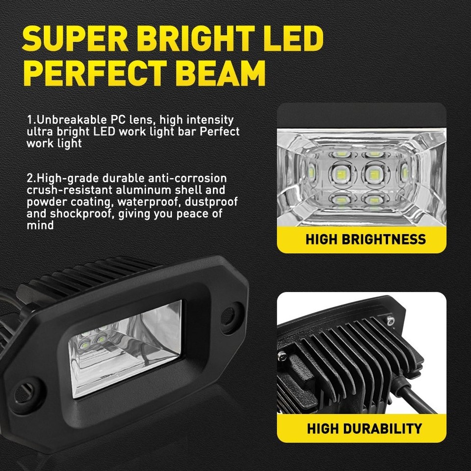 2X 3'' Flush Mount LED Work Light Bar Offroad Pods Flood Beam Bumper ...