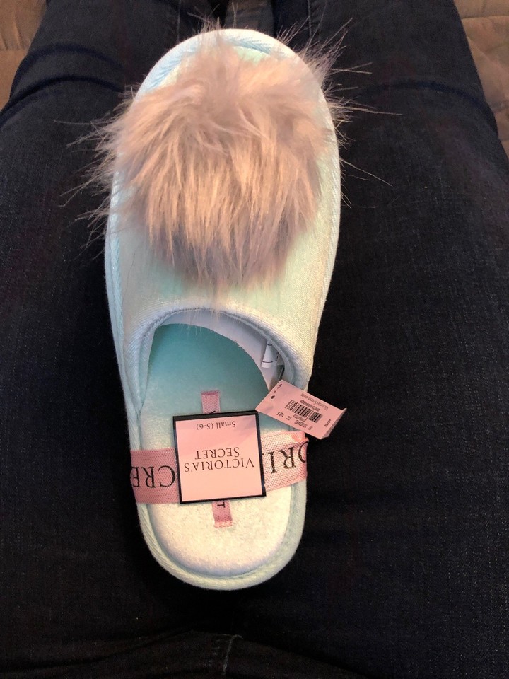 New Victoria Secret Pom Pom Slippers Black Aqua Size S/P Retails For ...