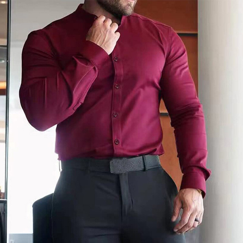 Mens Muscle Dress Shirts Slim Fit Stretch Banded Collar Long Sleeve ...
