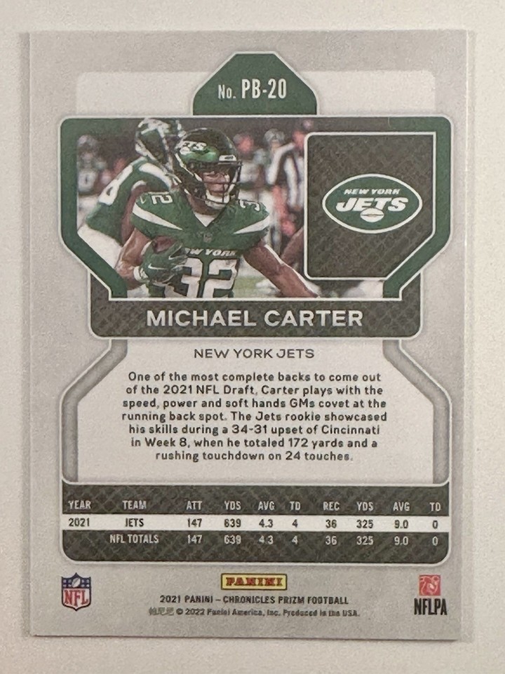 Michael Carter 2021 Panini Prizm Black Rookie Card #20 New York Jets RC ...