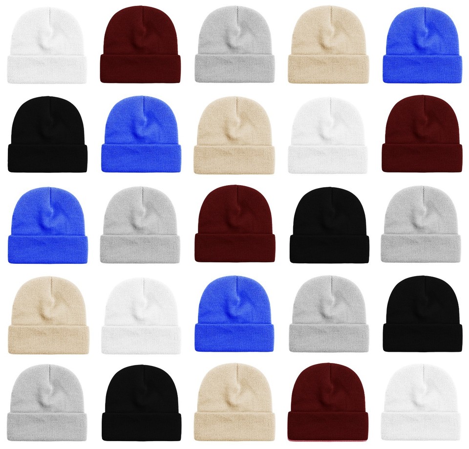 25 Pack Winter Beanie Hats, Unisex Thermal Toboggan Cold Weather Cuffed ...