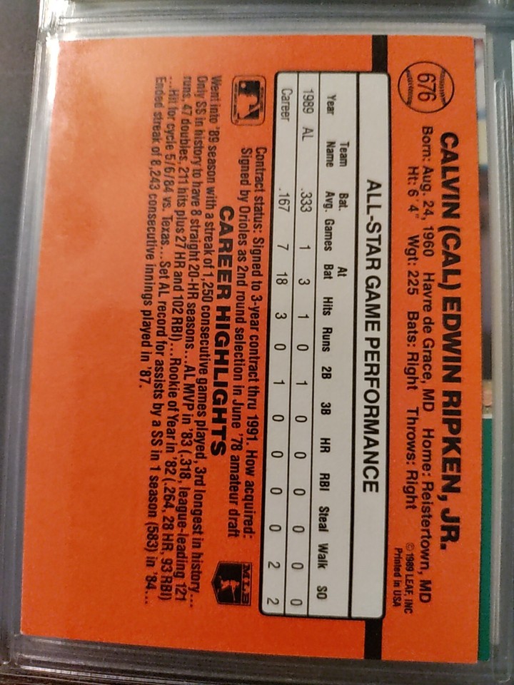 1990 Donruss CAL RIPKEN JR All Star No #676 Baltimore Orioles. Error ...