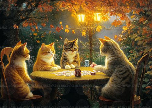Cat Poker Art Print Whimsical Autumn Scene Funny Playing Cats Cozy Fall ...