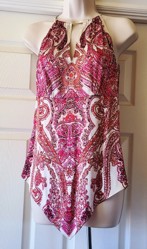 CACHE HALTER TOP PAISLEY RED PINK SILK GOLD METAL BAR TRIM KEYHOLE XS ...