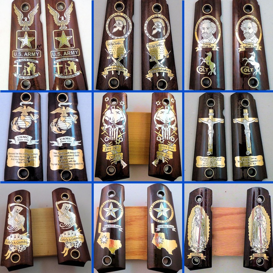 Compact 1911 custom engraved wood grips gold silver Republic of Texas ...