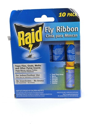 RAID Fly Ribbon Flying Insect Glue Strip Bug Trap 10 Ribbons Fly Killer ...