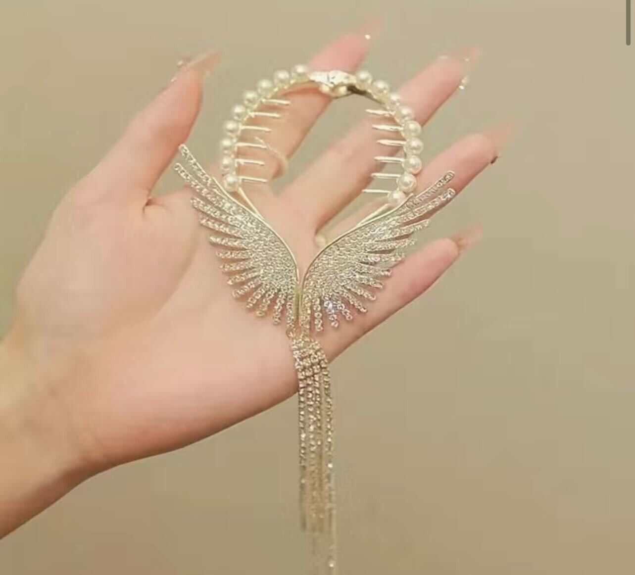 Elegant Angel Wings Tassel Hairpin,Rhinestone Faux Pearls Hairpin For ...