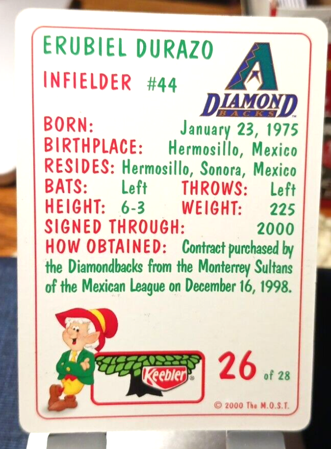 2000 Keebler Baseball Card of Erubiel Durazo - Arizona Dbacks #26 (NM ...