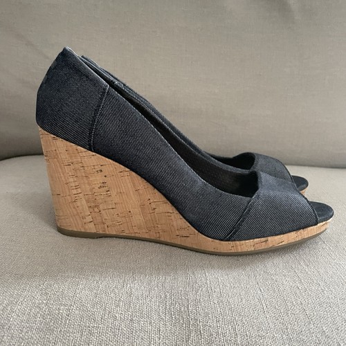 TOMS Stella Heels Black Denim Peep Toe Cork Wedge Pump Shoes Women’s ...