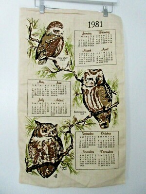 1981 CALENDAR TEA TOWEL OWLS SIGNED SANDY COLORFUL BOLD GRAPHICS PRESSED | eBay