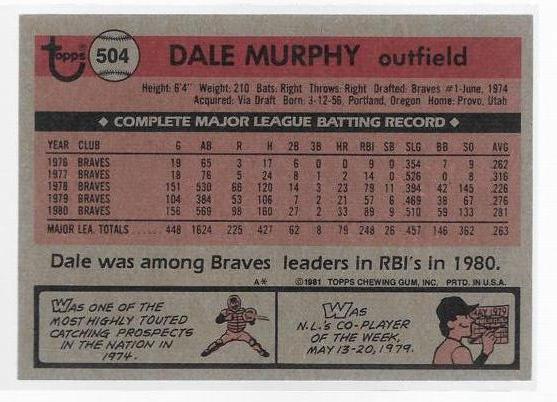 1981 Topps #504 Dale Murphy | eBay