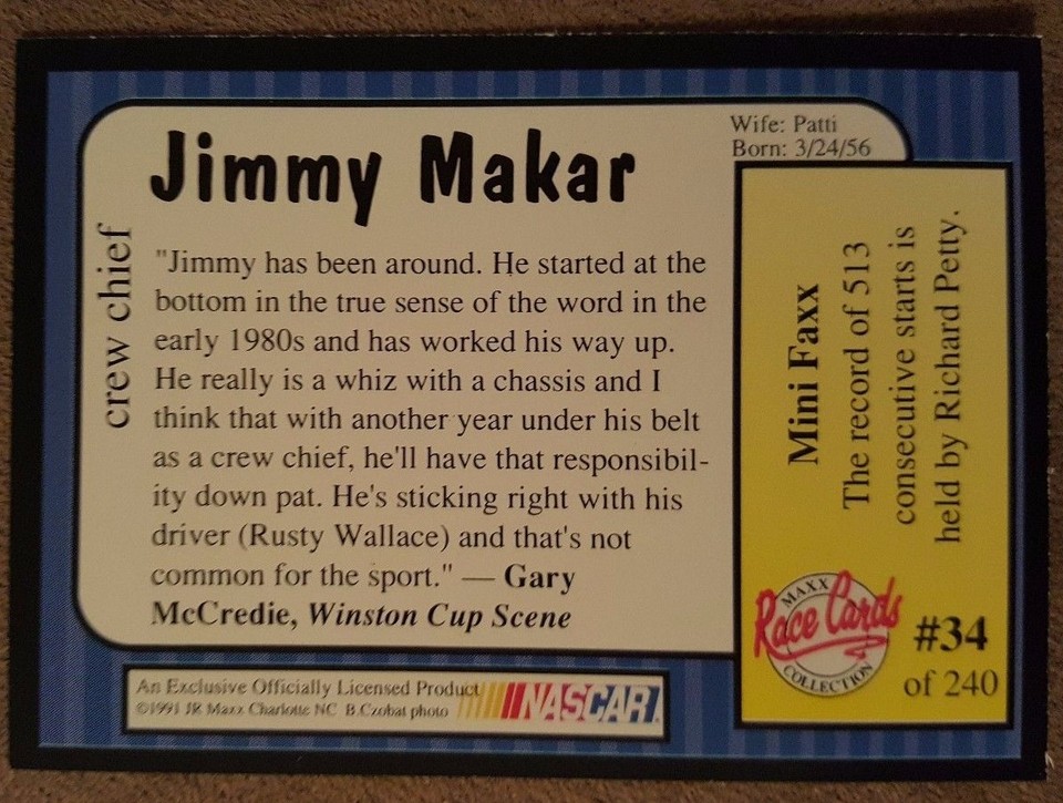1991 Jimmy Maker Card 34 of 240 Maxx Collection Race Cards | eBay