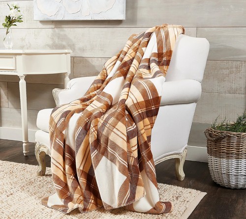 Home Reflections Printed 60"x70" Plaid Throw w/ Sherpa Reverse Mustard ...
