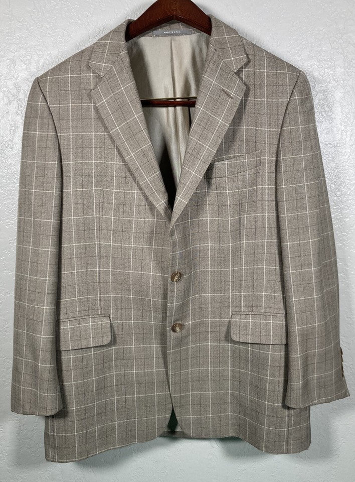 Hickey Freeman Brown Gray Window Plaid Wool 2Btn Blazer Jacket Size 40R ...