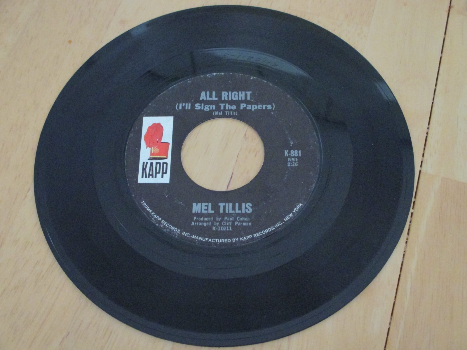 MEL TILLIS- ALL RIGHT (I'LL SIGN THE PAPERS) B/W- HELPLESS, HOPELESS ...