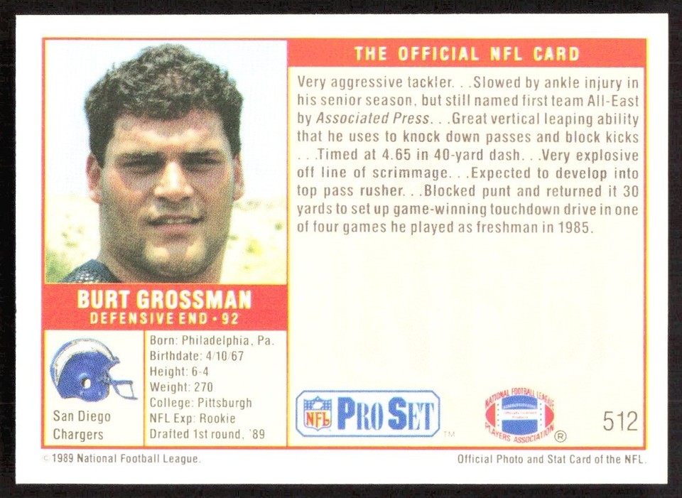 1989 8273C Pro Set Burt Grossman Rookie San Diego Chargers #512 | eBay