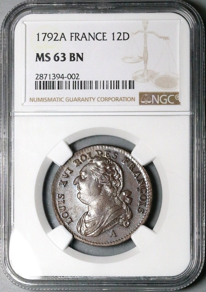 1792-A NGC MS 63 France 12 Deniers Louis XVI Revolution Coin POP 1/0 ...