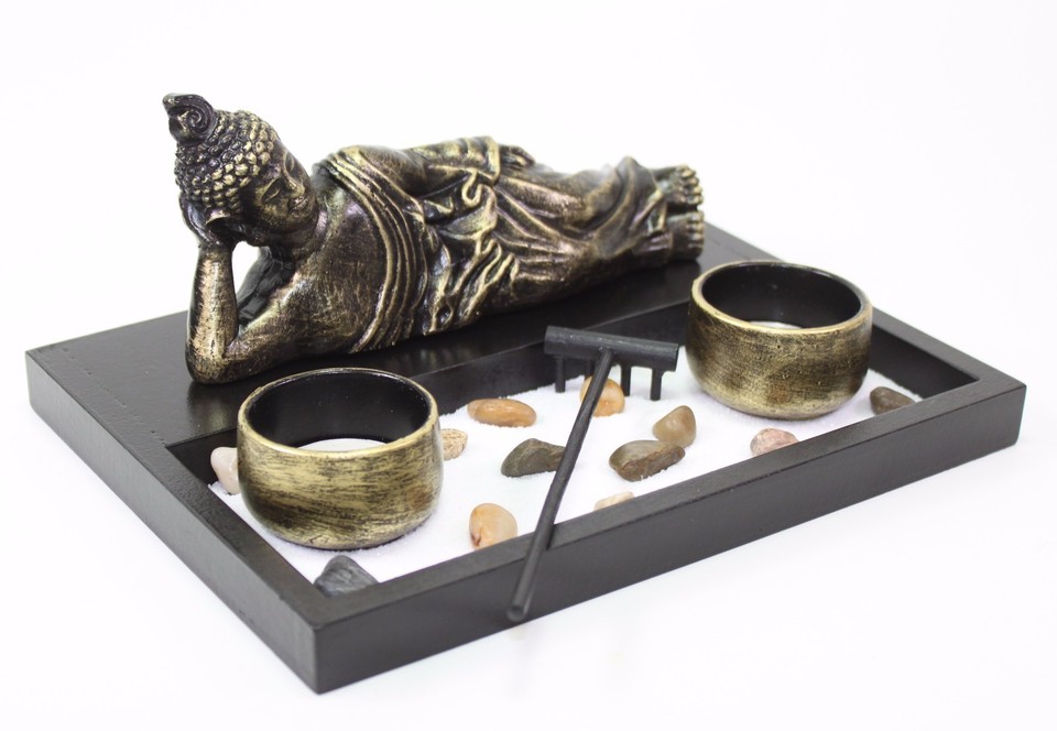 Tabletop Zen Garden Sleeping Relaxing Buddha Rock Rake Candle Holder ...