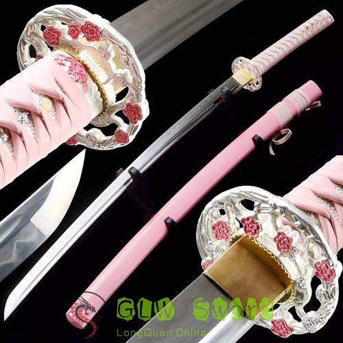 Pink Katana Japanese Katana Sword Clay Tempered T10 Steel Real Hamon ...