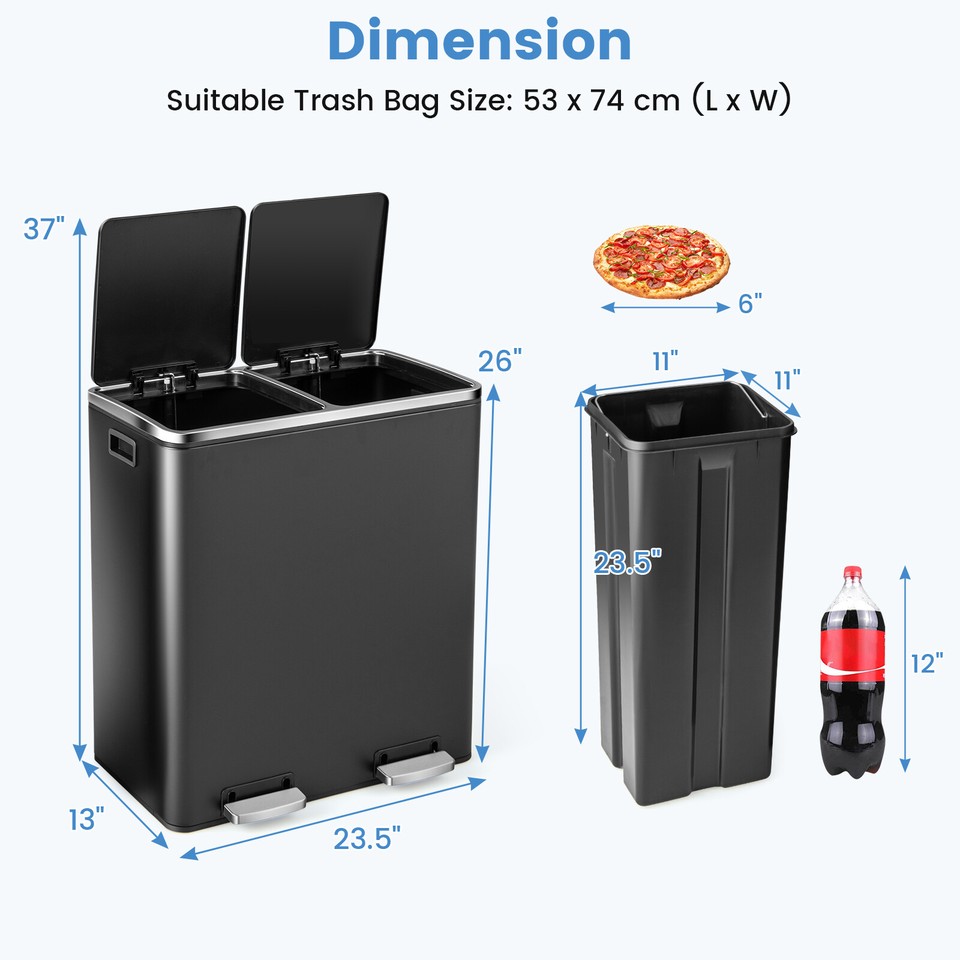 2 x 8 Gal Kitchen Garbage Can w/Dual Compartments, Silent Closure ...