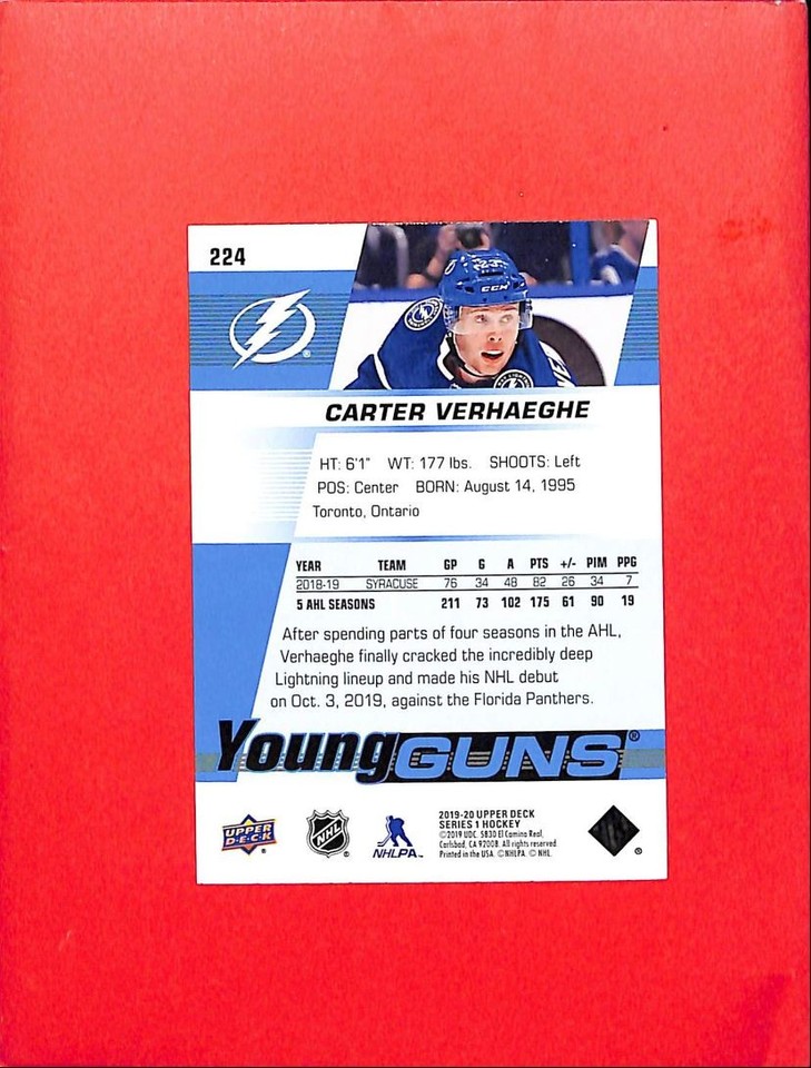 2019-20 Upper Deck Young Guns RC Carter Verhaeghe. (Free Shipping $50 ...