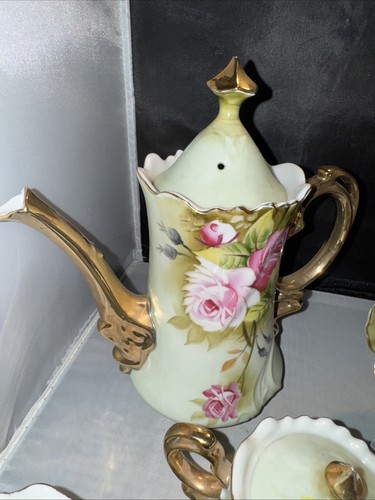 8 Vintage Lefton Hand Painted China Tea Set Pink Roses Green W/ Gold ...
