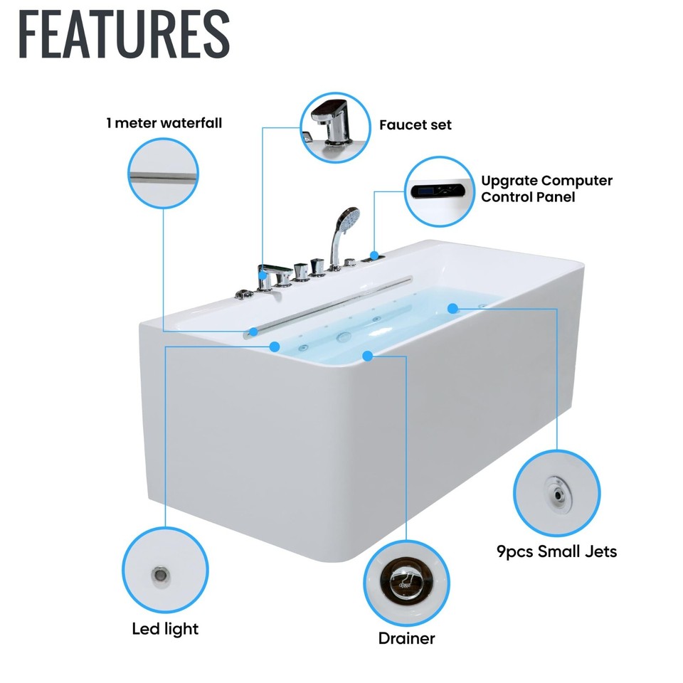 67" Freestanding Soaking jetted Bathtub SPA Hydro Massage Led Light UL ...