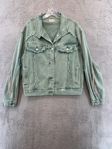 POL distressed Green Fringed Rhinestones denim jacket women’s Size ...