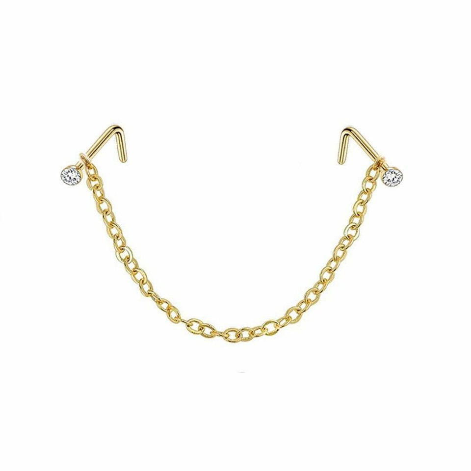 Double Nose Chain Nose Piercing Ring StainlessSteel Love Heart Chain ...